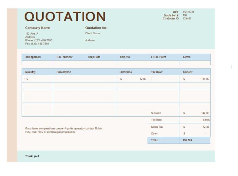 Editable Quotation Price Template. Excel Quote Sheet for Small Business ...