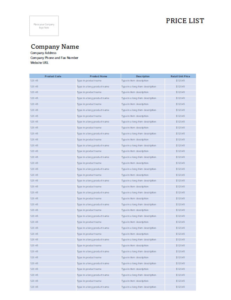 Price List Template. Excel Spreadsheet for Product & Service Pricing ...