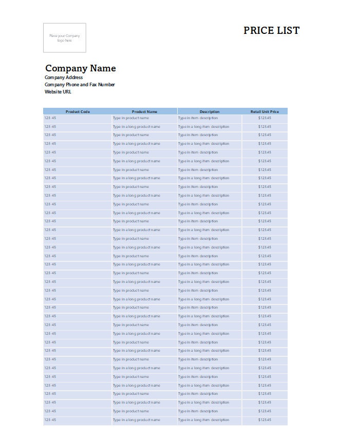Price List Template. Excel Spreadsheet for Product & Service Pricing ...