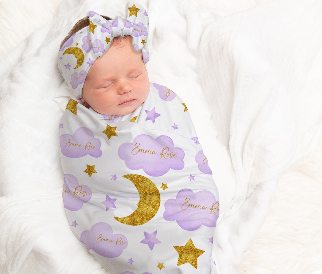Moon and Stars Personalized Swaddling Blanket Set Purple Gold, Swaddle ...