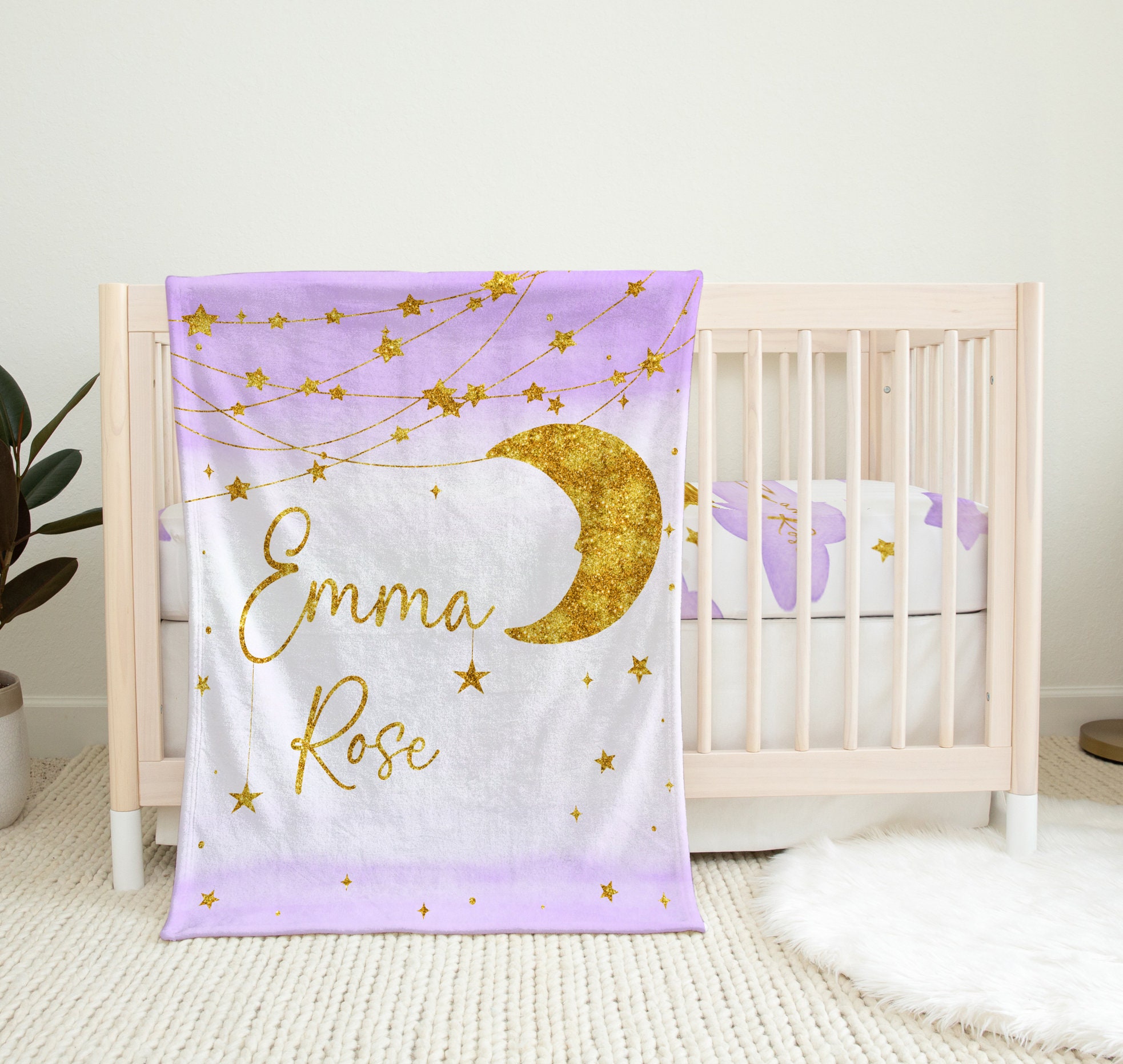 Moon and Stars Personalized Swaddling Blanket Set Purple Gold, Swaddle Name Boy Girl Swaddle and ...