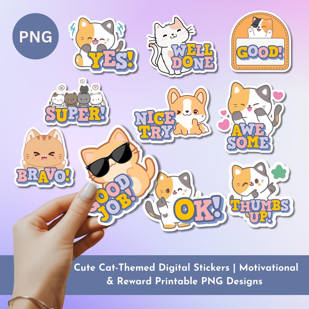 10 Cute Cat-themed Printable Stickers Motivational & Reward PNG Designs ...