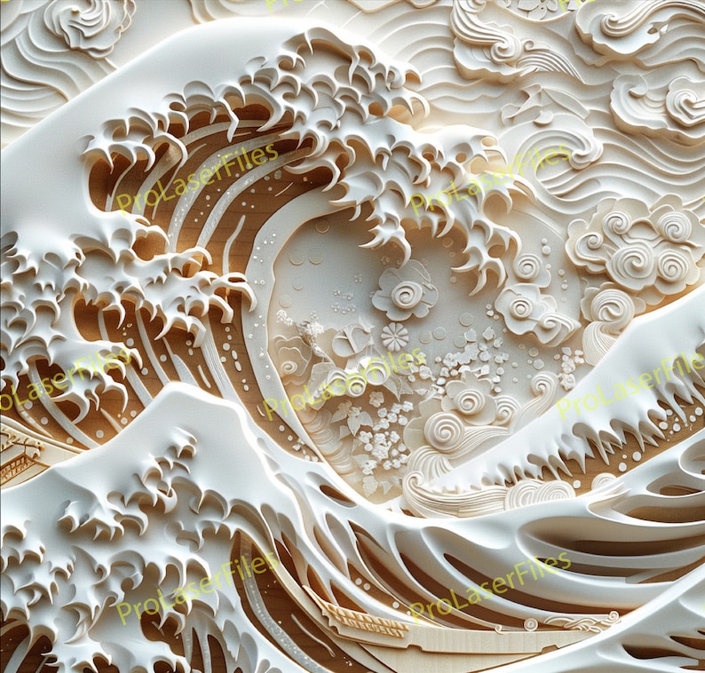 Japanese Waves Laser Engrave File | 3D Illusion | Laser Burn PNG ...