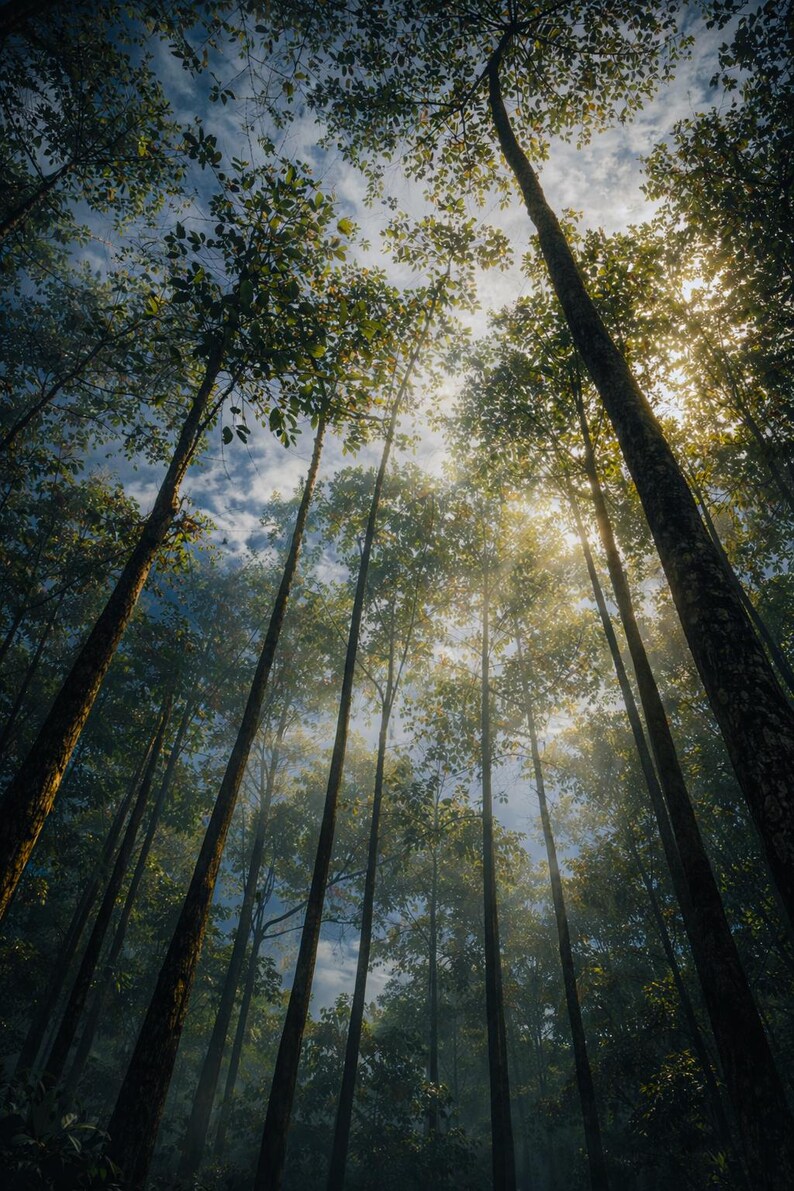 Misty Forest Canopy Wall Art – Cinematic Sunlight Through Trees ...