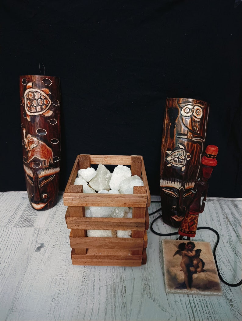 Himalayan Salt Lamp Square Natural Wooden Lamp Stress Reliever Night ...