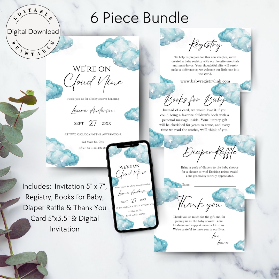 Cloud 9 Baby Shower Invite, We're on Cloud Nine Baby Shower Invitation ...
