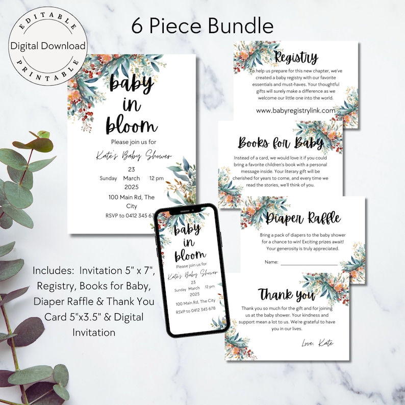Editable Baby in Bloom Baby Shower Invitation Bundle, Spring Flowers ...
