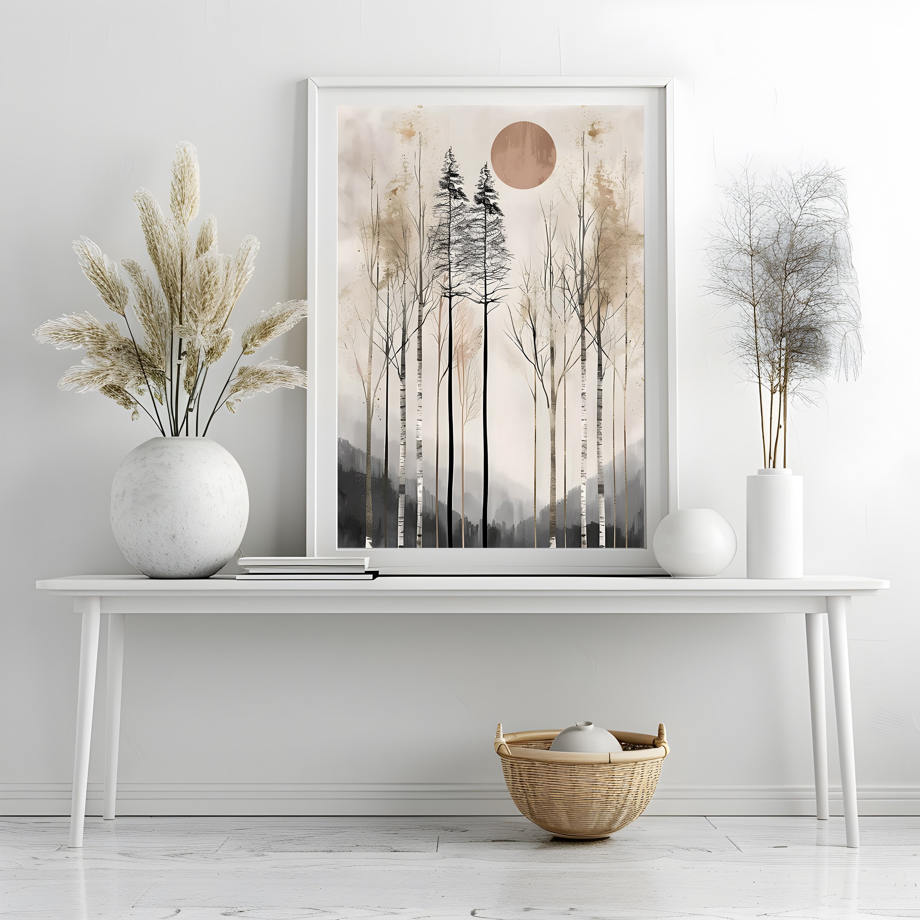 Birch and Evergreen Trees Digital Wall Art, Japandi Style Home Decor ...