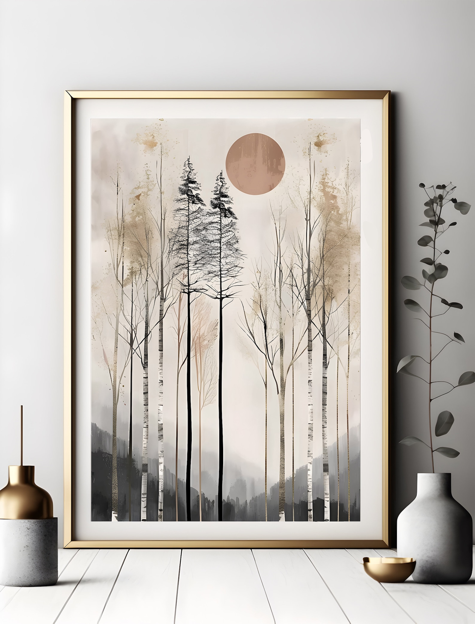 Birch and Evergreen Trees Digital Wall Art, Japandi Style Home Decor ...