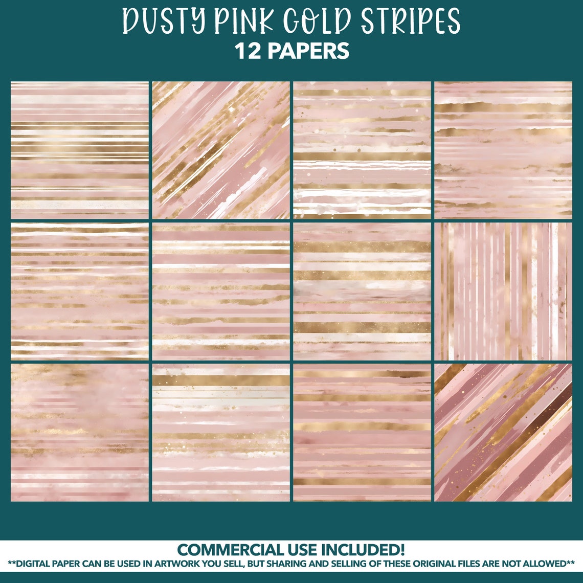 Digital Paper - Dusty Pink With Gold Stripes - 12 Papers - Backgrounds ...