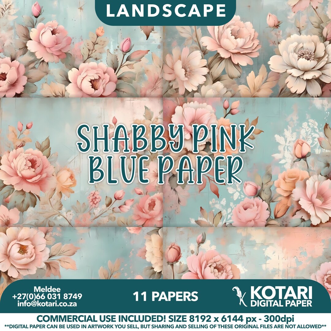 Shabby Pink Blue Floral Digital Paper - Commercial Rights - Digital ...