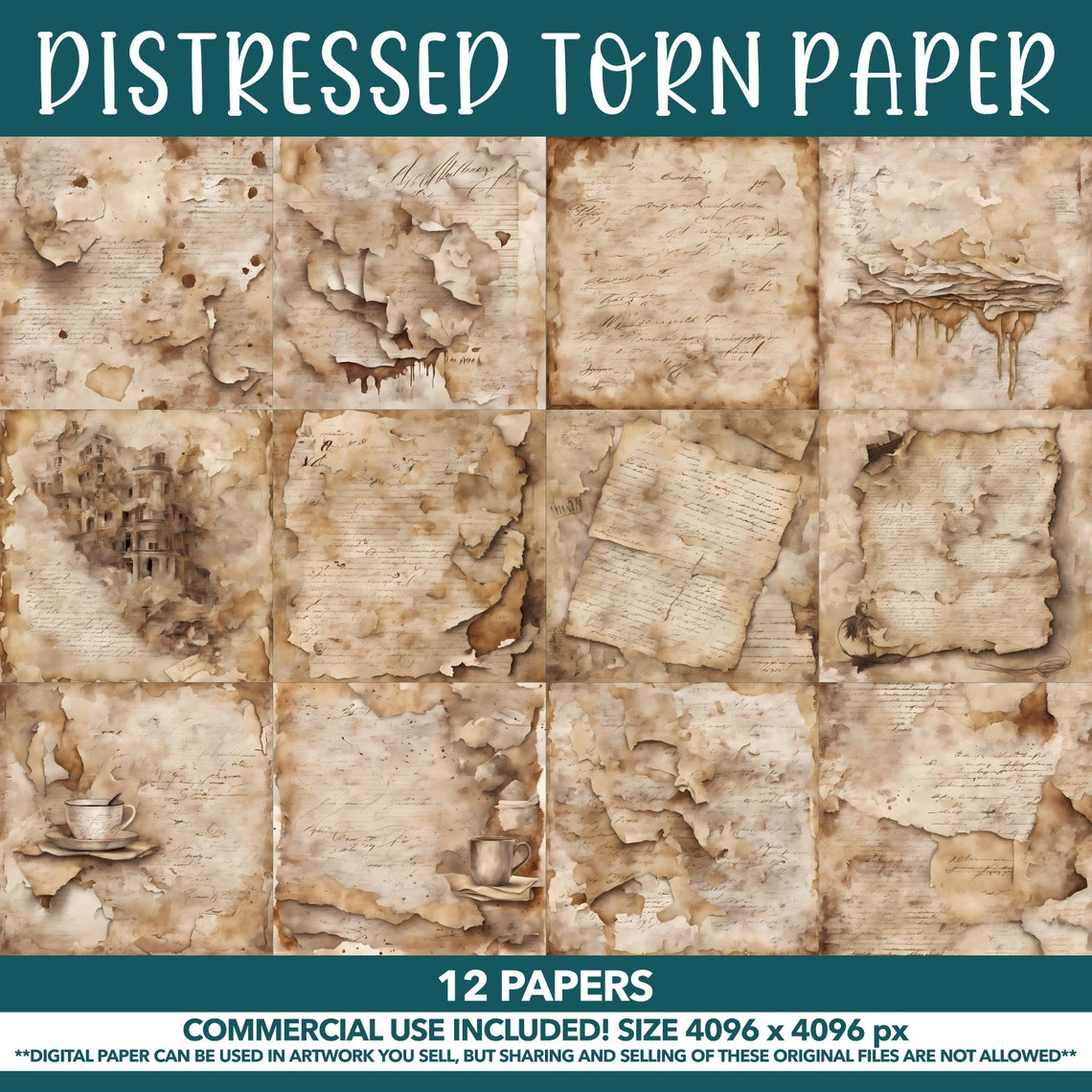 Digital Paper - Distressed Torn Stained Paper - Backgrounds - Journal ...