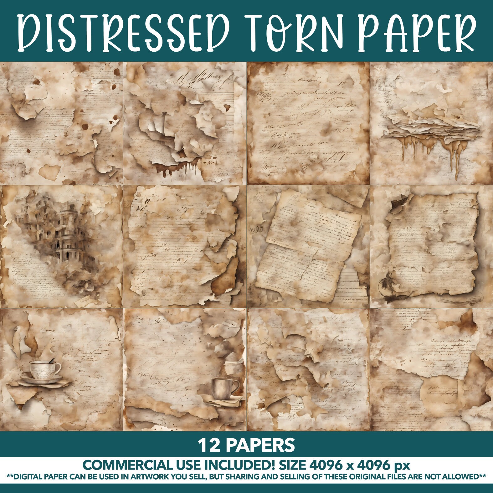 Digital Paper - Distressed Torn Stained Paper - Backgrounds - Journal ...