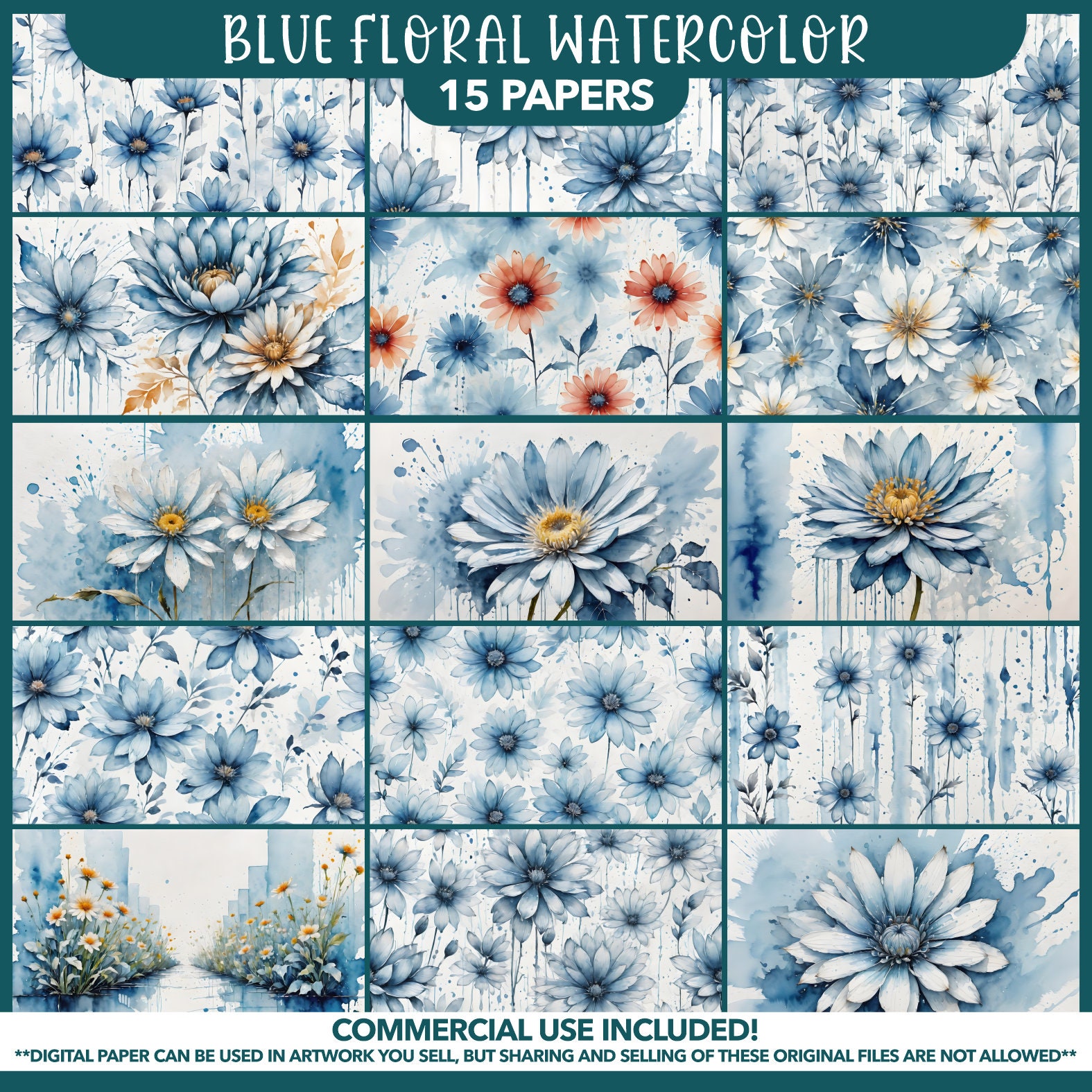 Blue Pastel Floral Digital Paper - Commercial Rights - Digital Junk ...