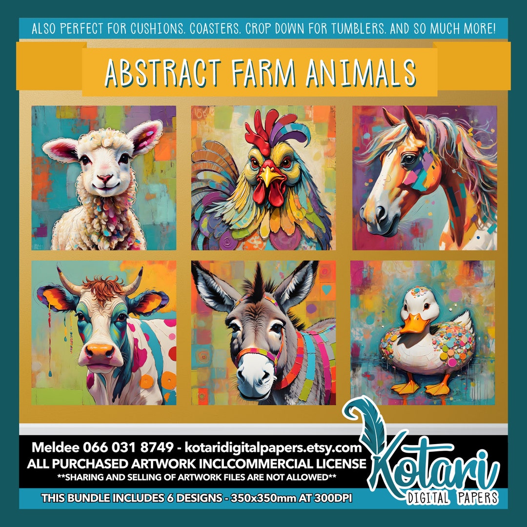 Abstract Artsy Farm Animals - 6 Designs - Textured Painted Background ...