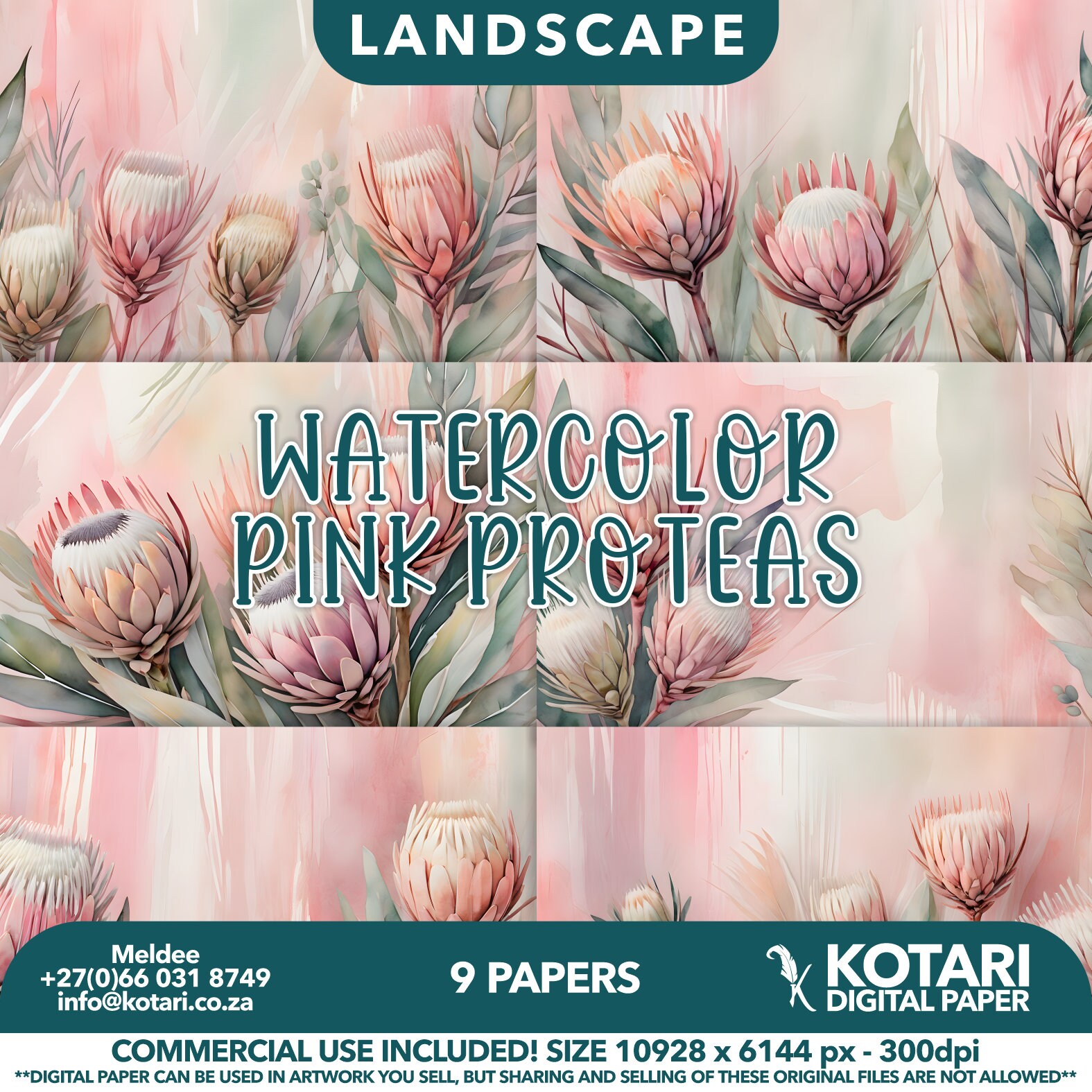 Watercolor Pink Protea Digital Paper Commercial Rights Digital Junk ...