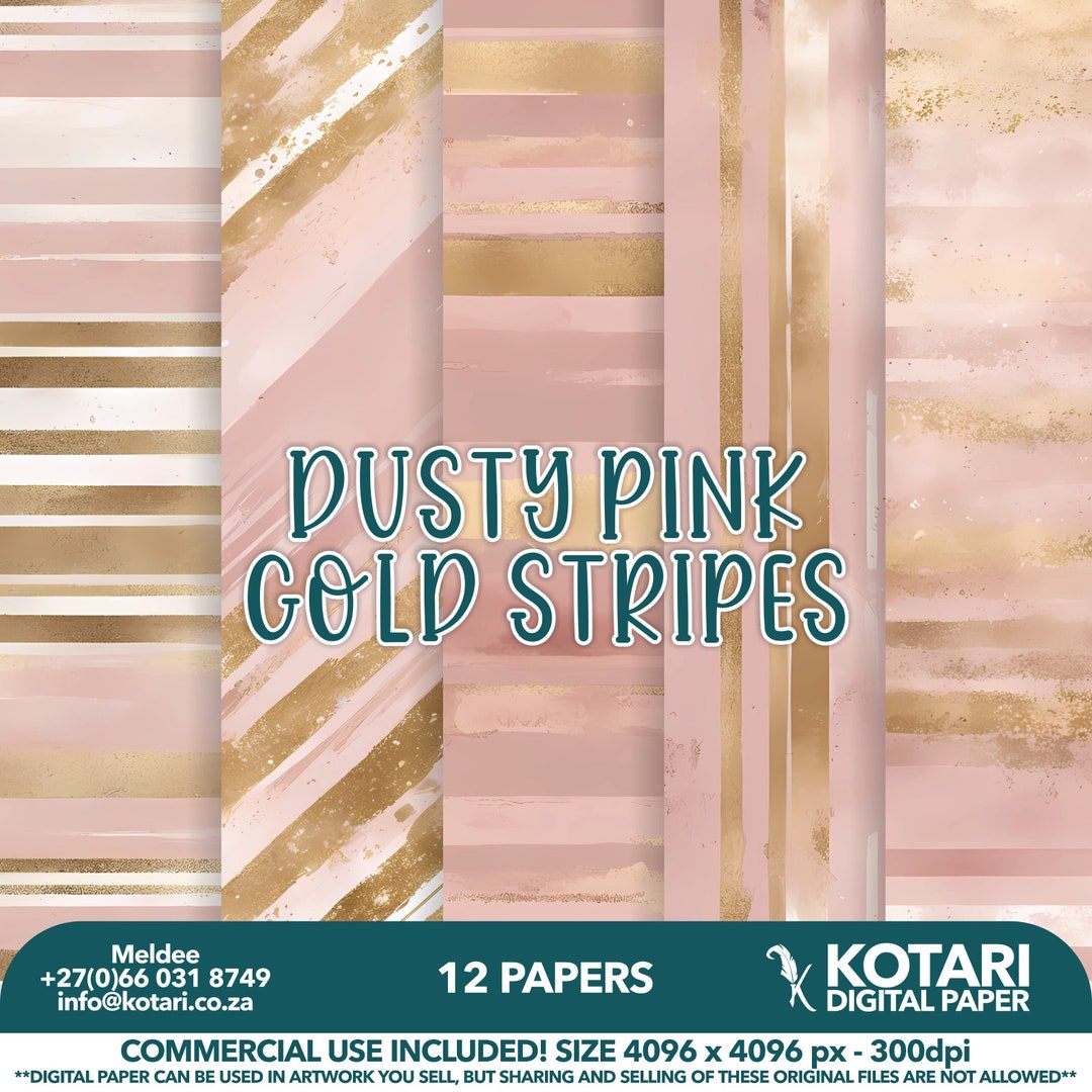 Digital Paper - Dusty Pink With Gold Stripes - 12 Papers - Backgrounds ...