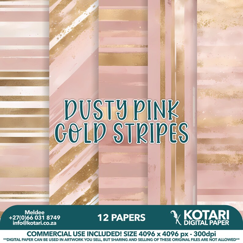 Digital Paper - Dusty Pink With Gold Stripes - 12 Papers - Backgrounds ...