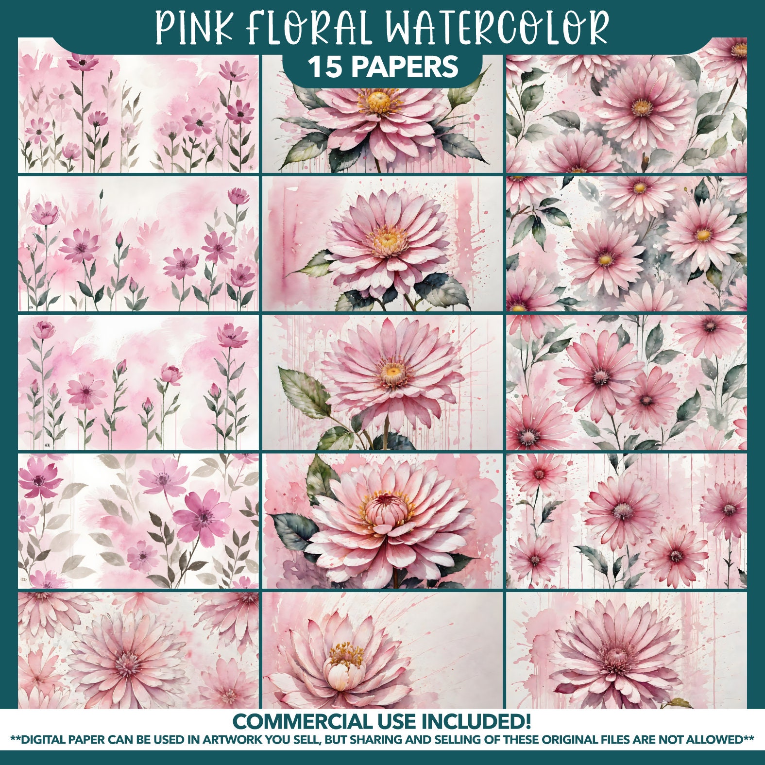 Pink Watercolor Floral Digital Paper - Commercial Rights - Digital Junk ...