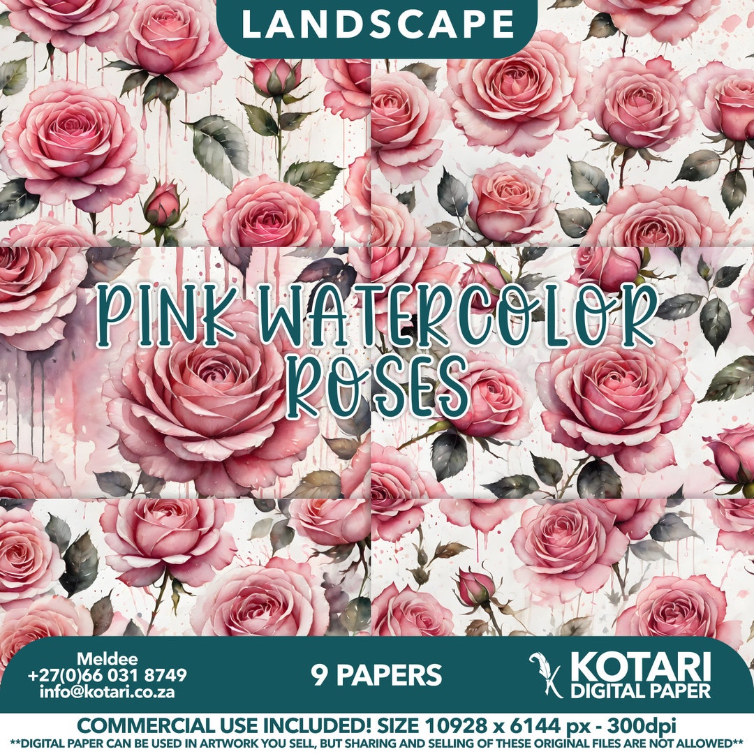 Pink Rose Watercolor Floral Digital Paper - Commercial Rights - Digital ...