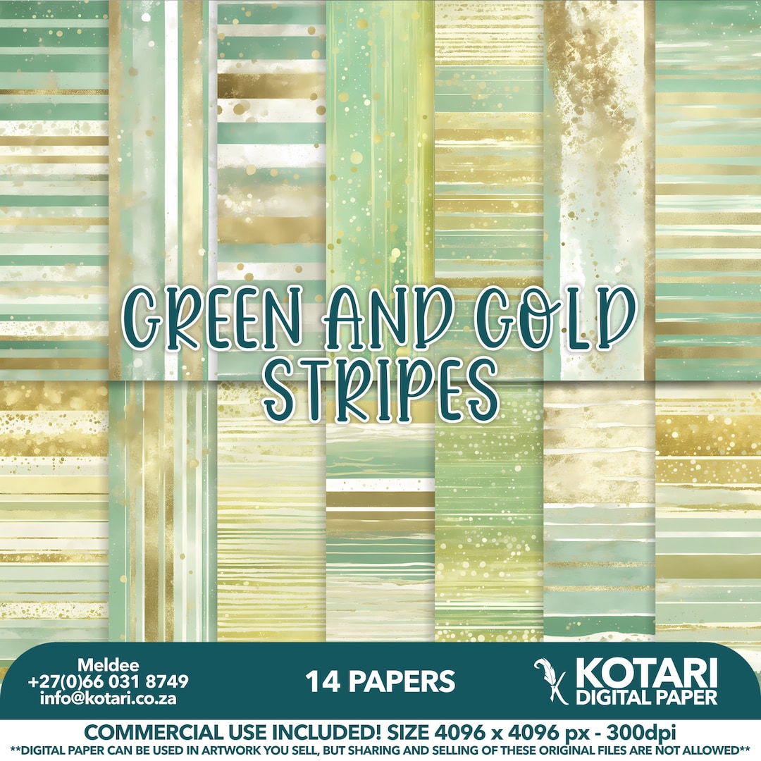 Green and Gold Stripes - Digital Paper / Background / Junk Journal ...