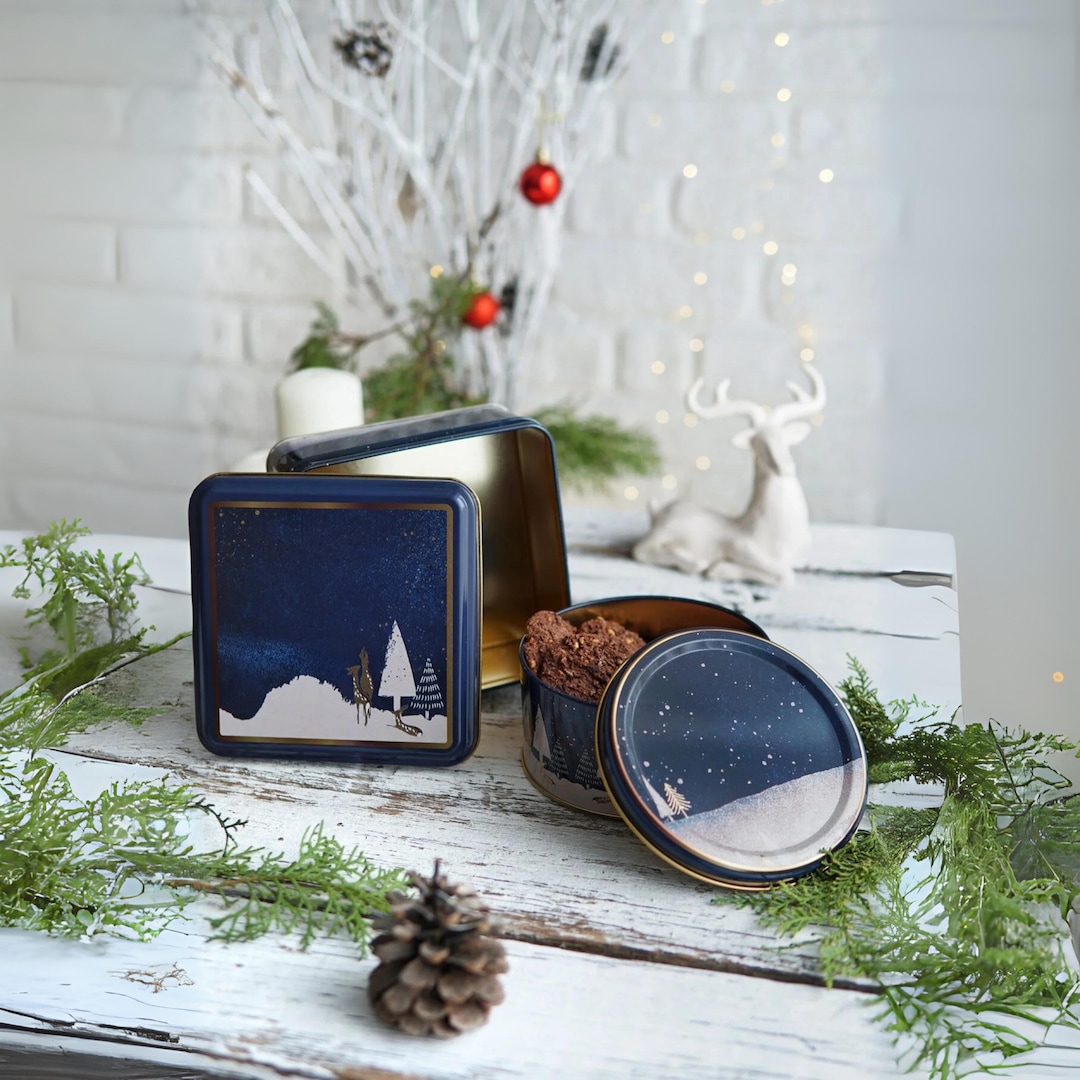 Tin Box Set – Navy Winter Reindeer Design | Metal Cookie Tins, Square ...