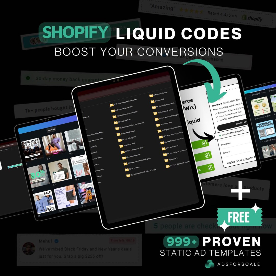 Free Static Ads, Shopify Ultimate Liquid Codebook Snippets, 60+ Customizable E-commerce Shopify ...