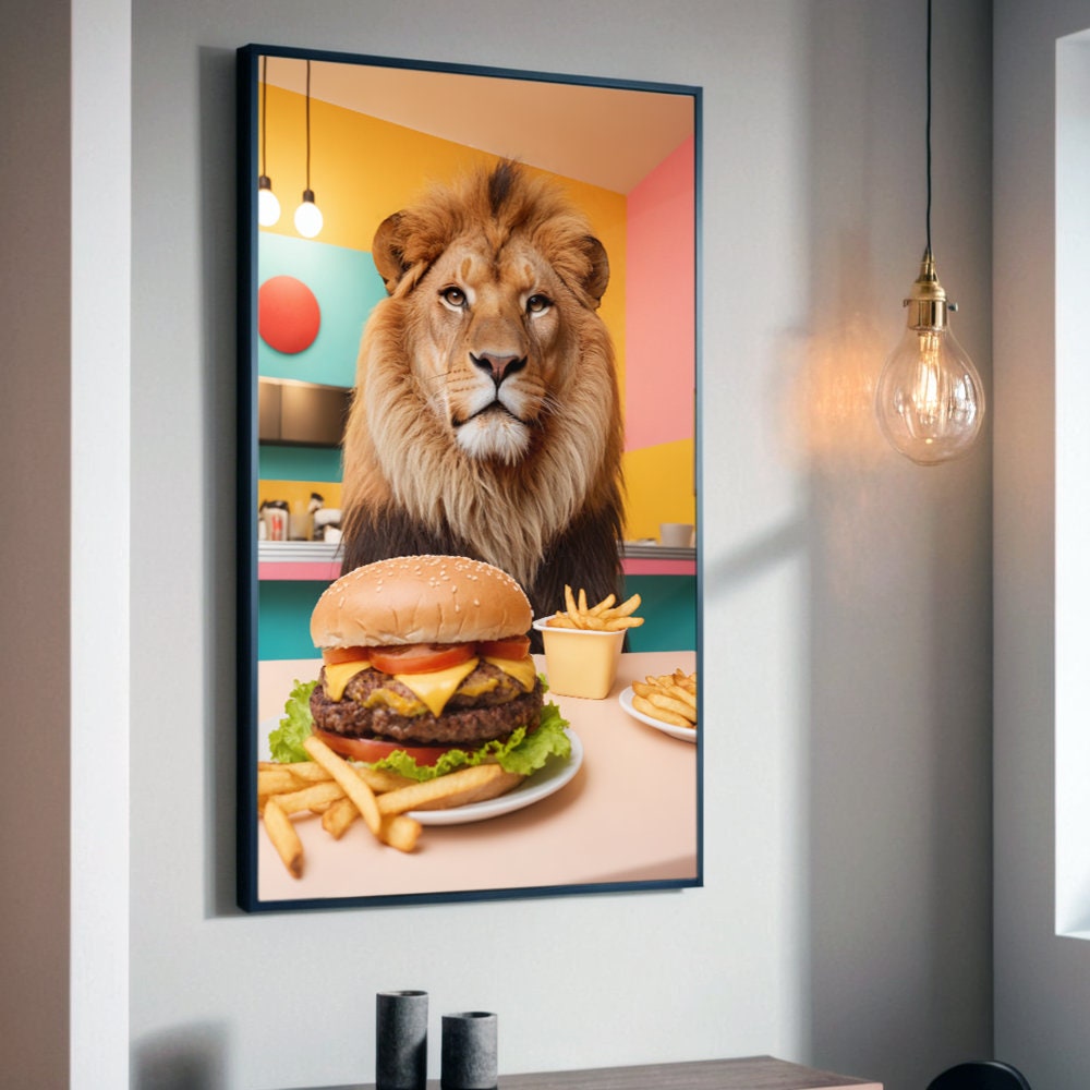 Lion Print, Burger, Wallpaper, Digital Print, Lion Eating Burger ...