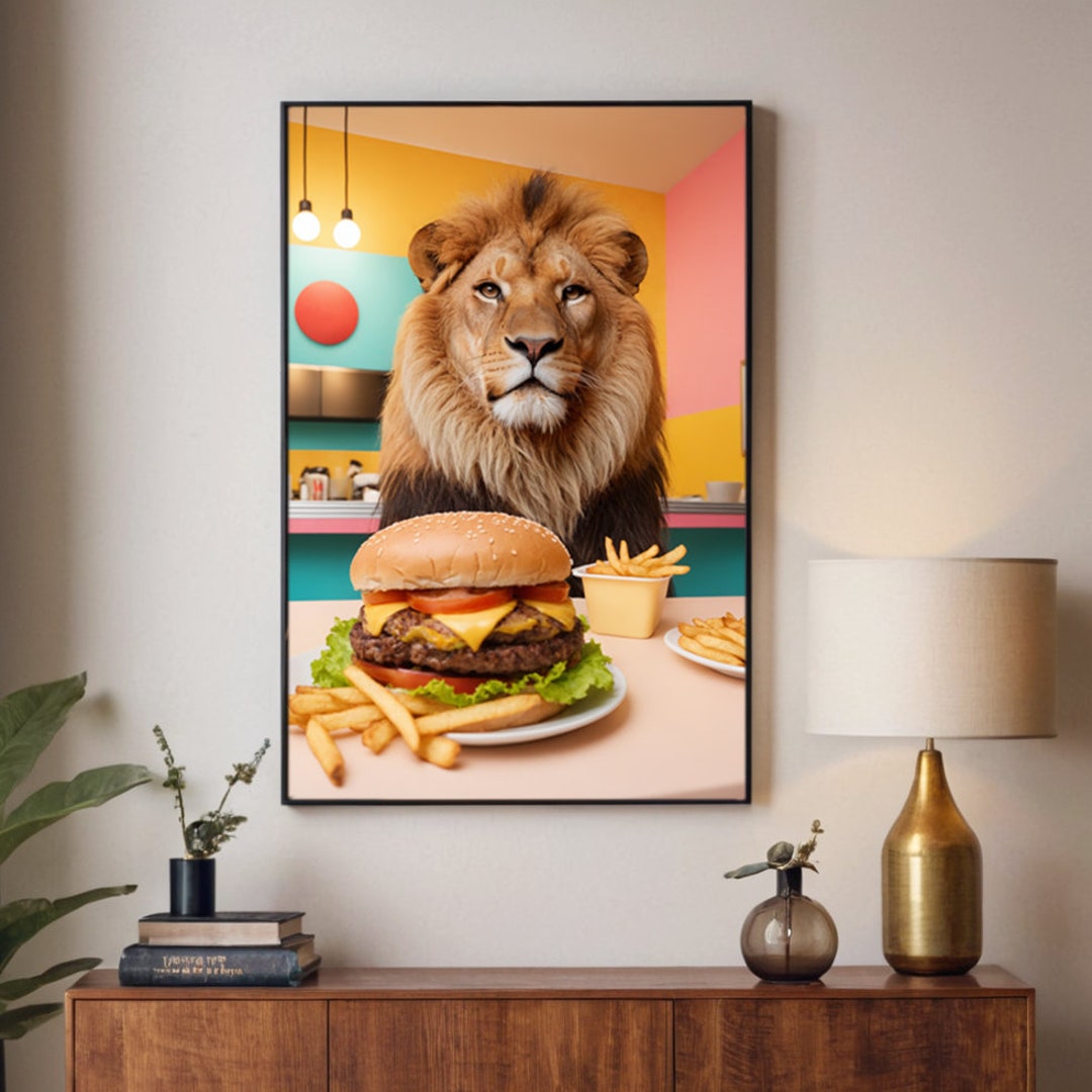 Lion Print, Burger, Wallpaper, Digital Print, Lion Eating Burger ...