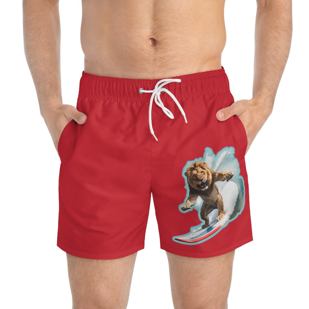 Surfing Lion, Swim Trunk, Red, Swimsuit, Men, Lion Swimsuit, Lion Wear ...