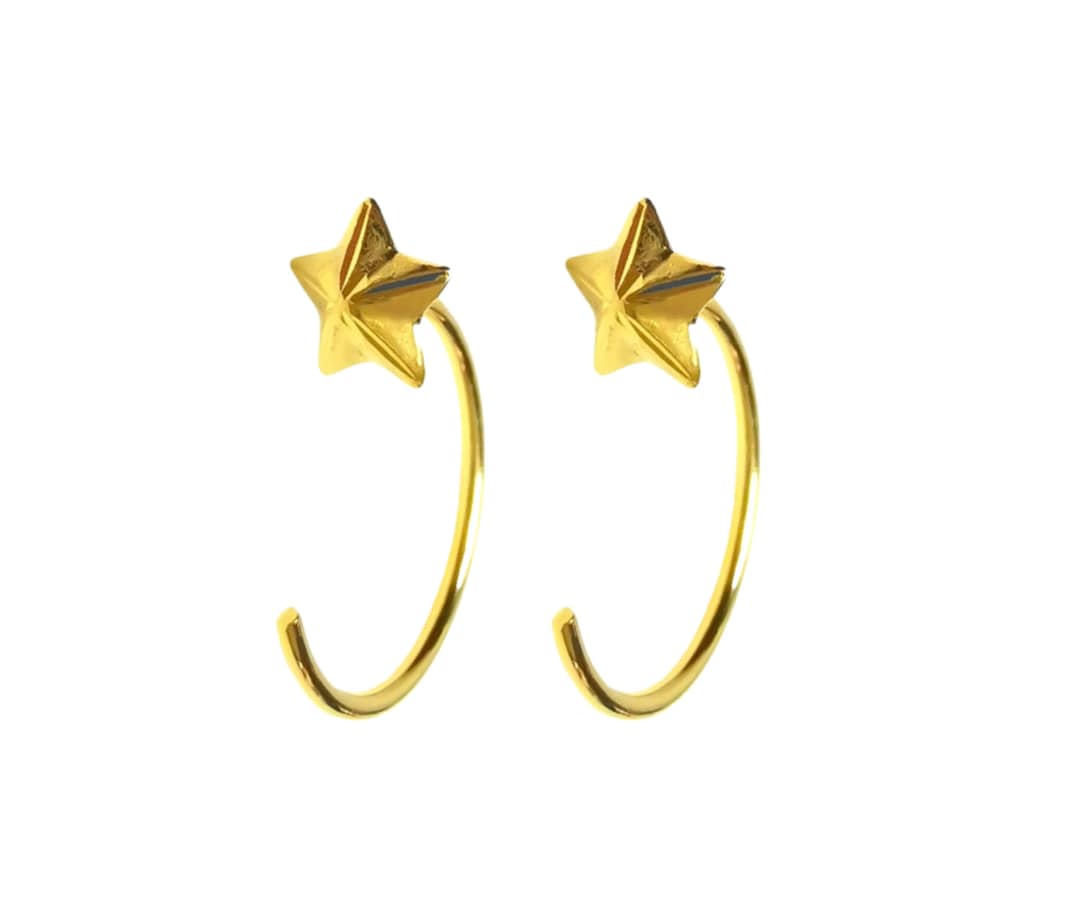 Fine Solid 22K Gold Earrings, Star Earring, Hoop Earrings, Permanent ...