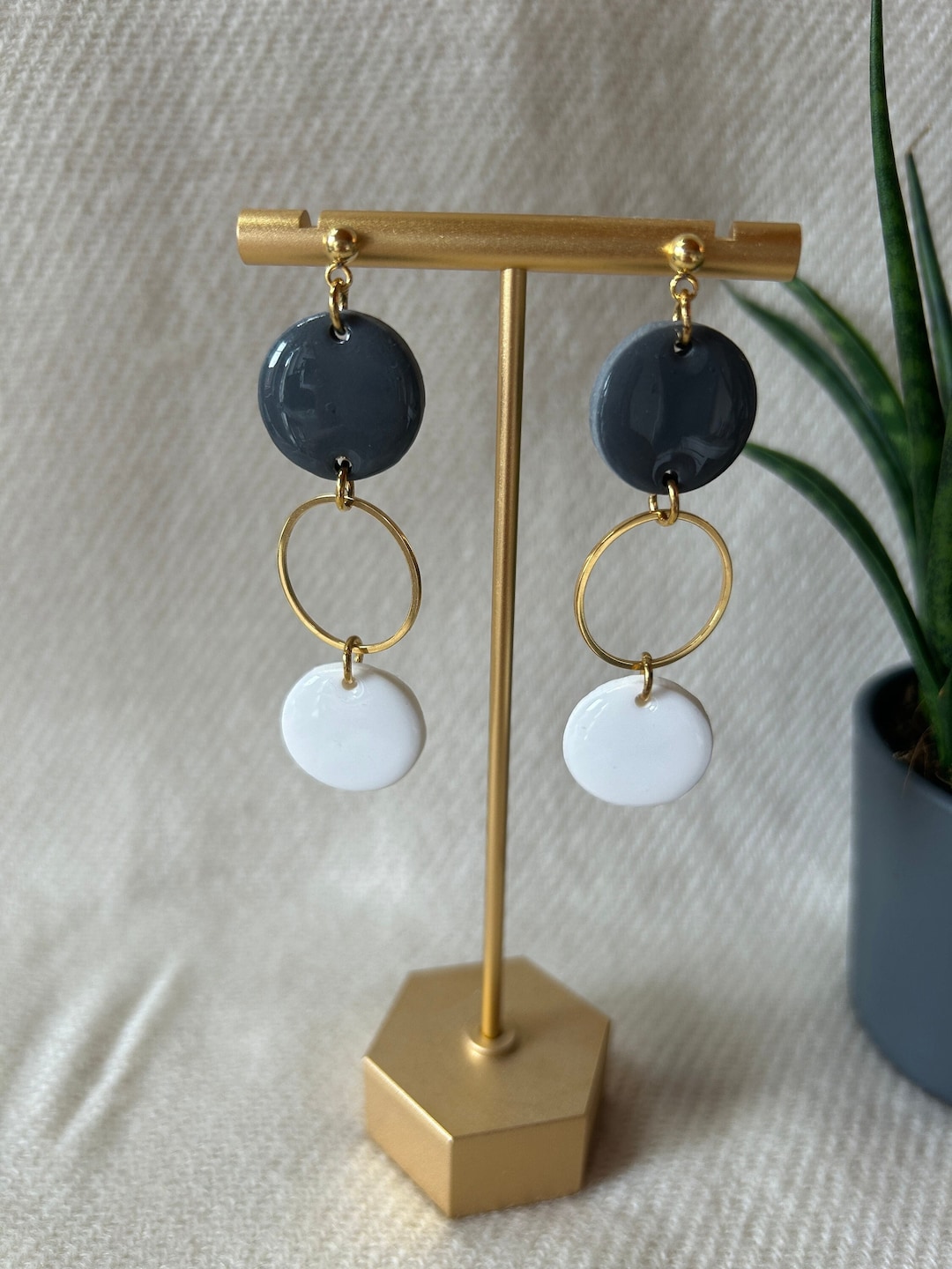 Polymer Clay Earring Gold Plated in Gray and White Statement Earrings ...