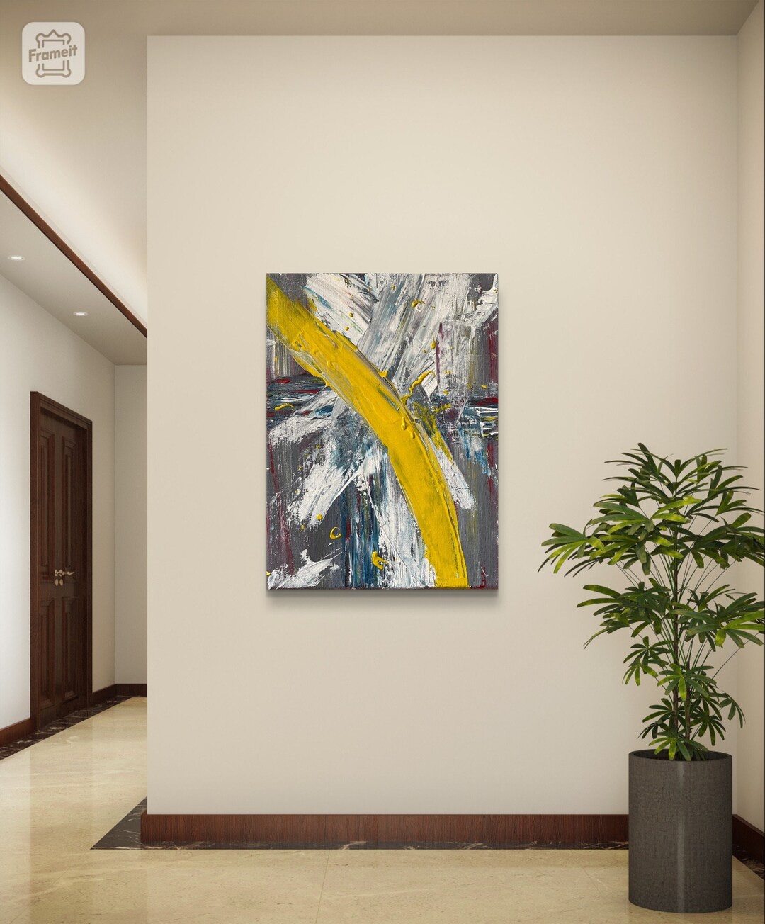 Yellow Energy Burst Wall Art: Handmade Modern Abstract Gray and White ...