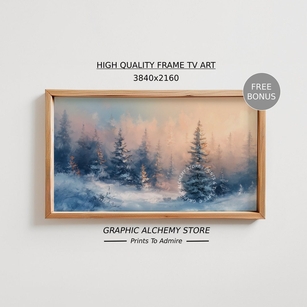Winter Forest Frame TV Art Vintage Pine Trees Snow Covered, Beautiful ...