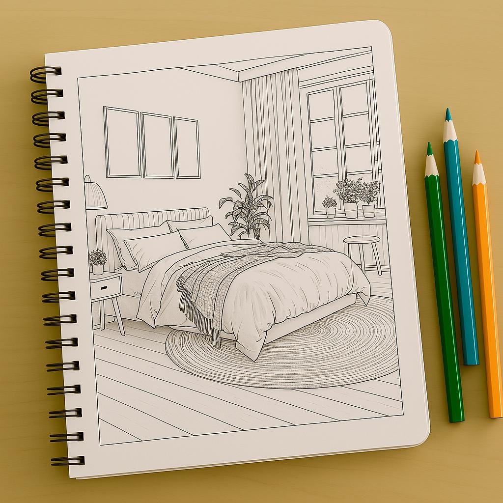 Cozy Bedroom Interior Coloring Book: 20 Adult & Kids Pages (digital ...