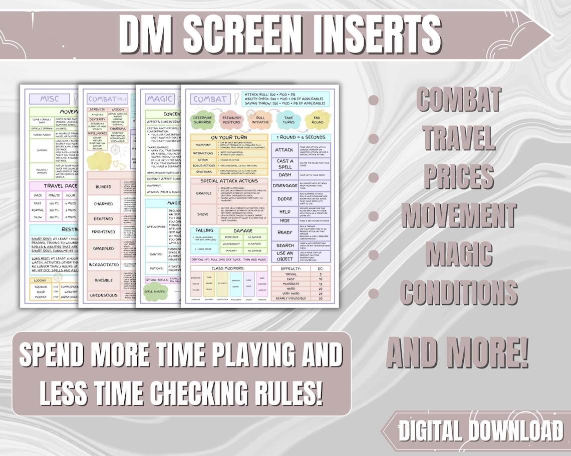 Printable Dungeons and Dragons DM Screen Inserts for 5e | A4 & US ...