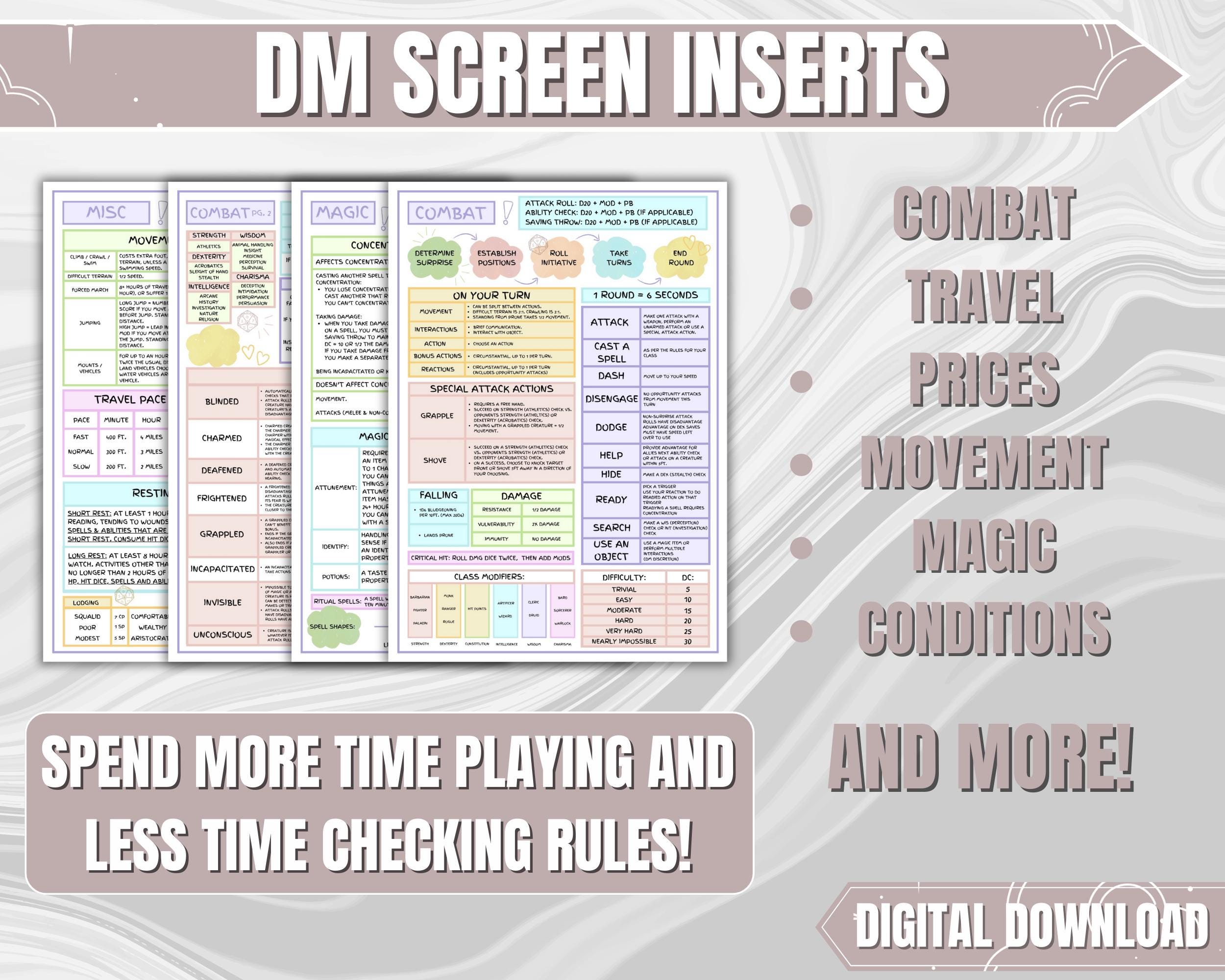 Printable Dungeons and Dragons DM Screen Inserts for 5e | A4 & US ...