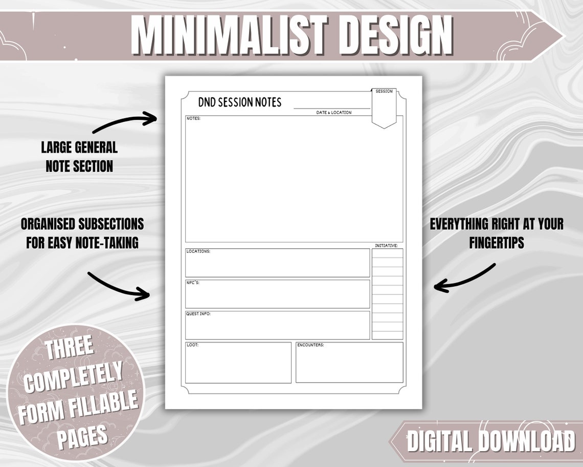 Minimalist Session Notes | Dungeons and Dragons 5th Edition PDF Form ...