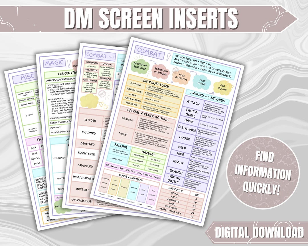 Printable Dungeons and Dragons DM Screen Inserts for 5e | A4 & US Letter | Dnd DM and Player ...