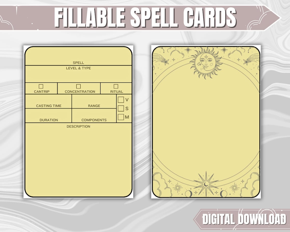 Yellow DND Spell Cards ENGLISH VERSION | Dungeons and Dragons 5th ...