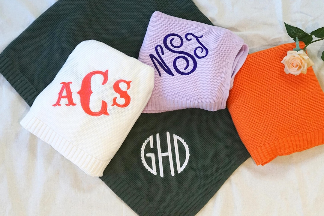 Custom Baby Blanket With Monogram Initials, Embroidery Knitted Cotton ...