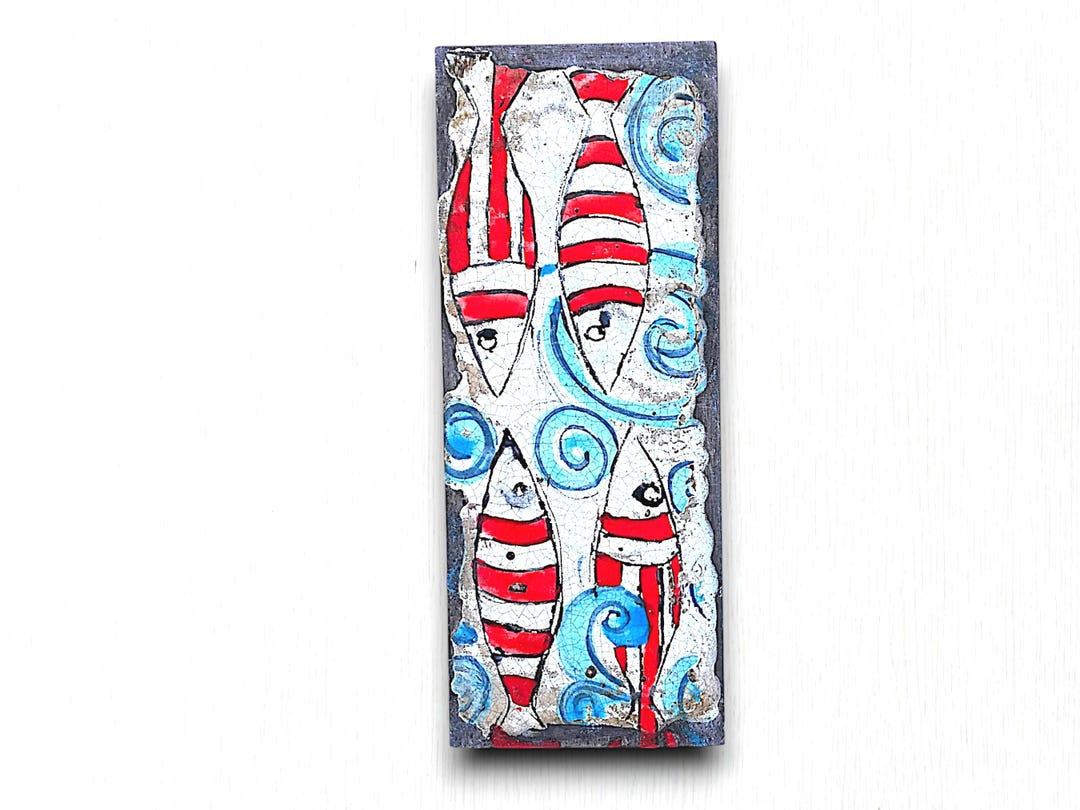Ceramic on Lava Rock, Beachy Fish Hand Painted, MCM Narrow Wall Art ...