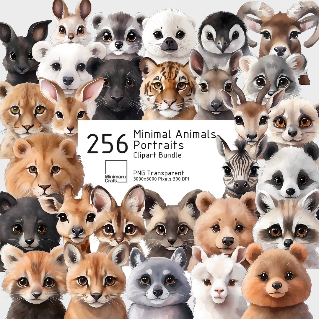 Minimal Animals Portraits Clipart Bundle, 256 Cute Zoo Animals ...