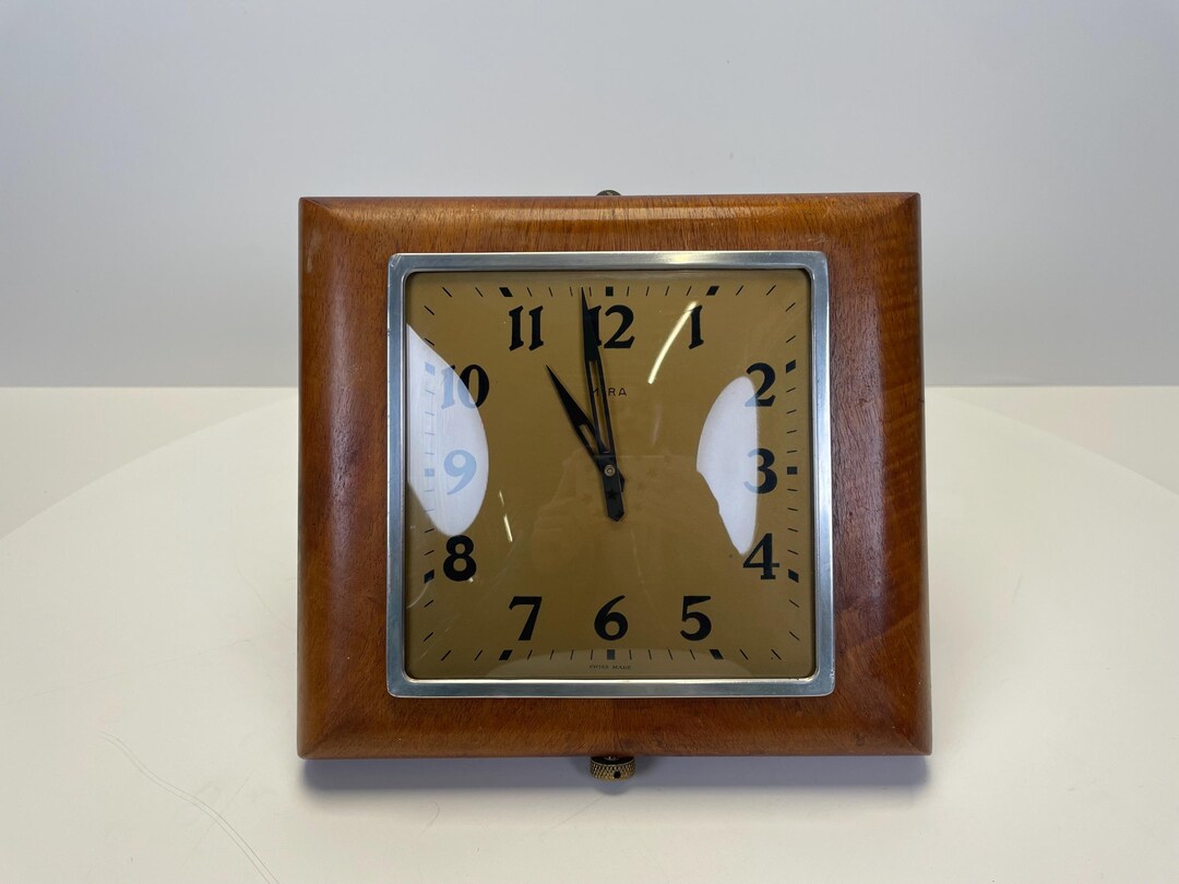 Large Vintage Swiss-made Wall Clock, Smooth Polished Wood, Silver Rim ...