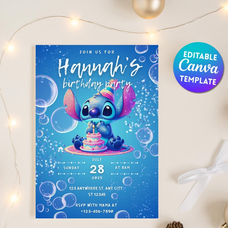 Editable Stitch Birthday Invitation, Printable Party Invite (canva Edit ...