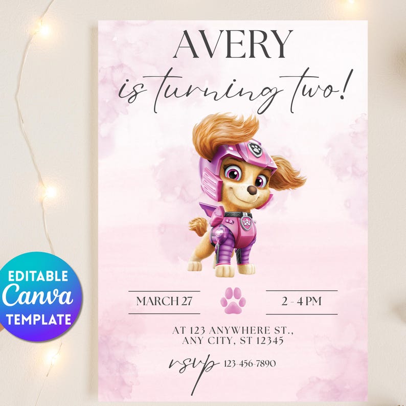 Editable Skye Paw Patrol Birthday Invitation| Pink Pawty Birthday ...