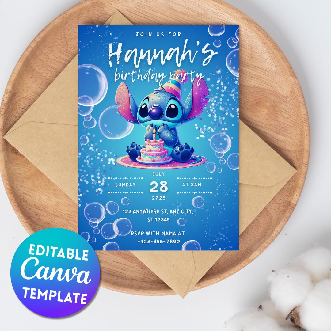 Editable Stitch Birthday Invitation, Printable Party Invite (canva Edit ...