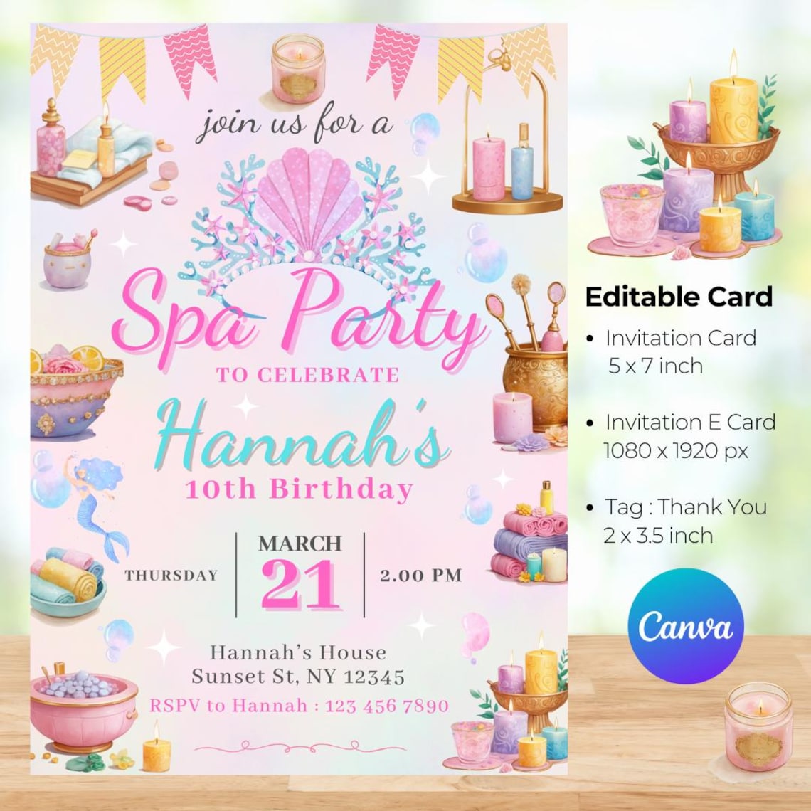 Pink Pastel Spa Party Invitation | Girls Birthday, Canva Template ...