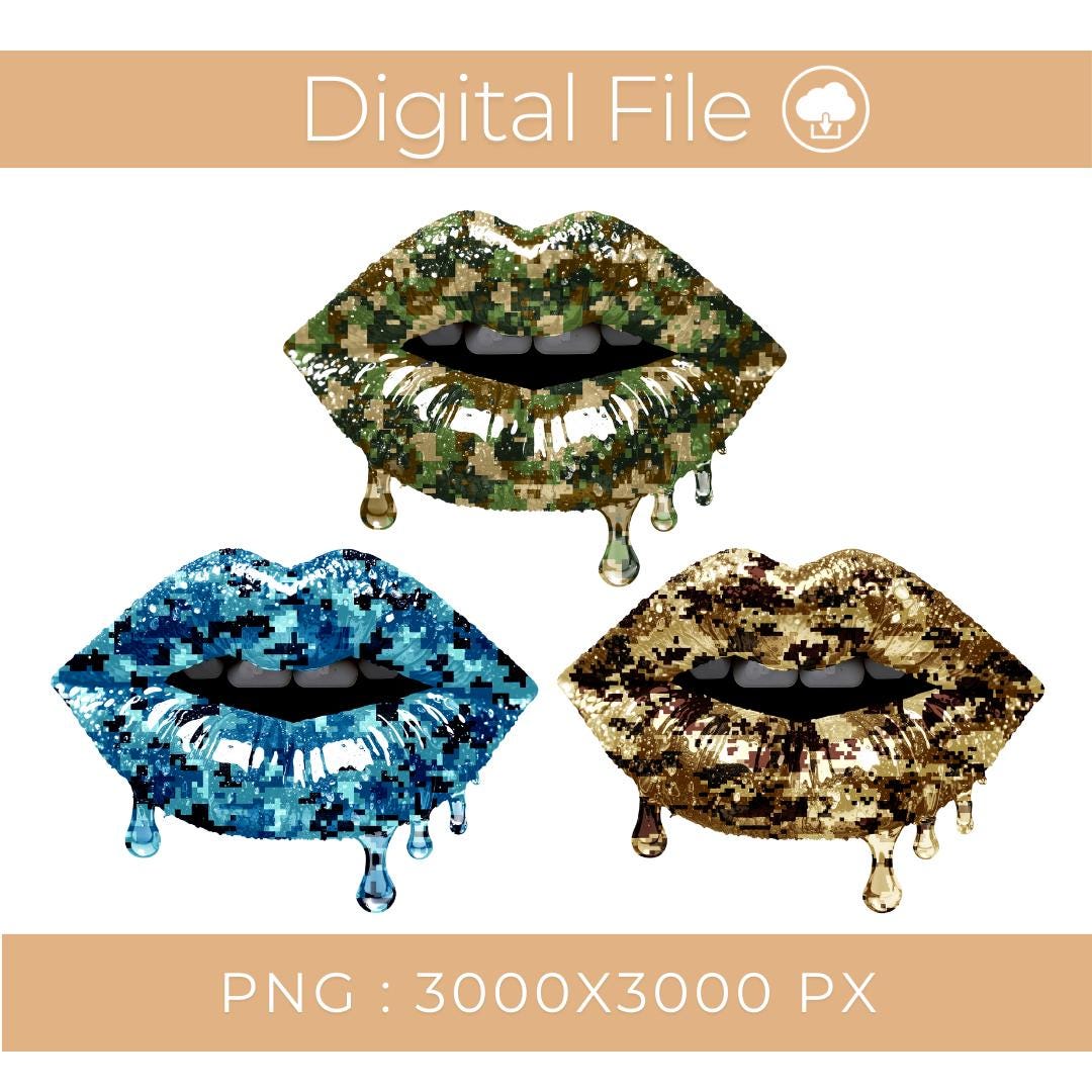 Military Camouflage Glitter Lips PNG Bundle - Gold, Green, Blue ...
