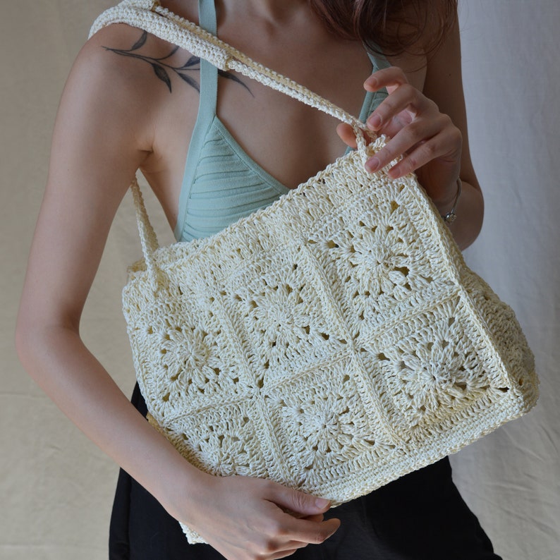 Granny Square Raffia Tote, Summer Straw Beach Bag, Crochet Boho Tote ...